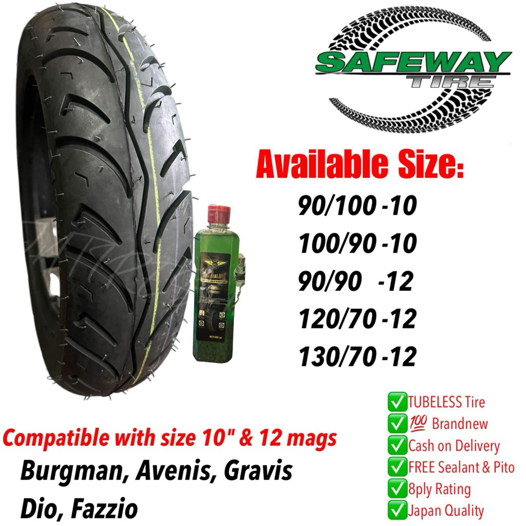 SAFEWAY TIRE size 10 & 12 TUBELESS Free Sealant/Pito for Burgman ...