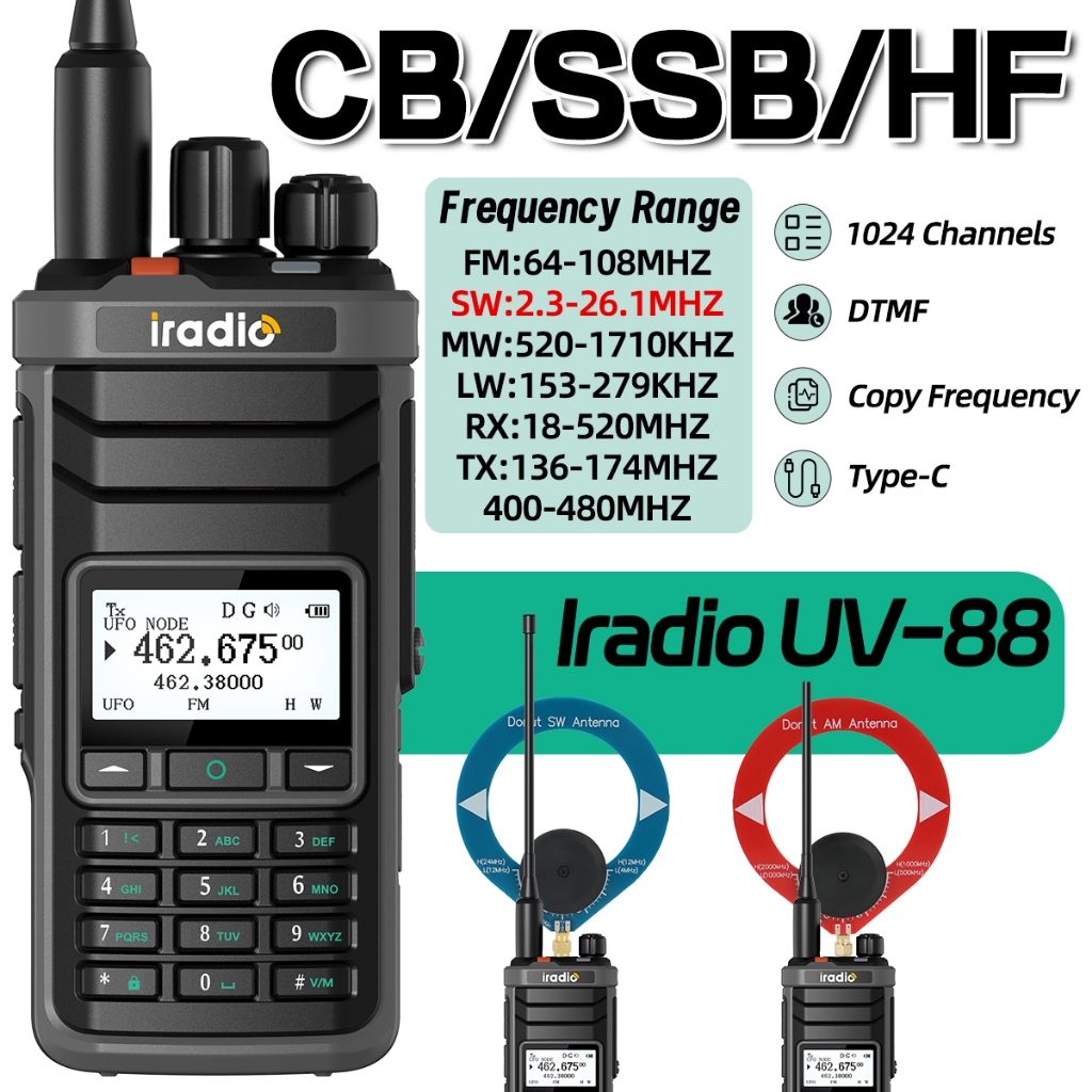 Iradio UV-88 Multi Band Two Way Radio HF UHF VHF Walkie Talkie AM USB ...
