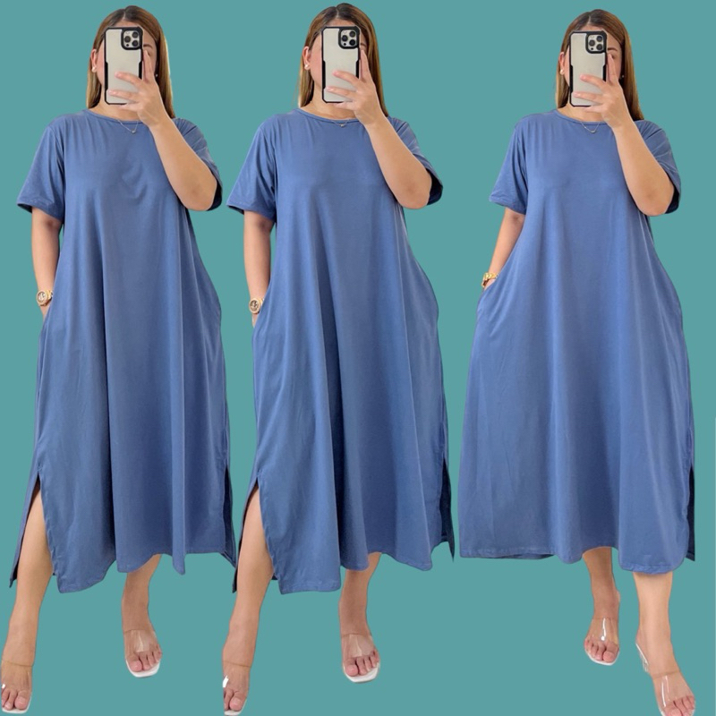 XL-3XL Plus Size Slit Midi Aline Dress/Pambahay/Cotton Spandex Plain ...