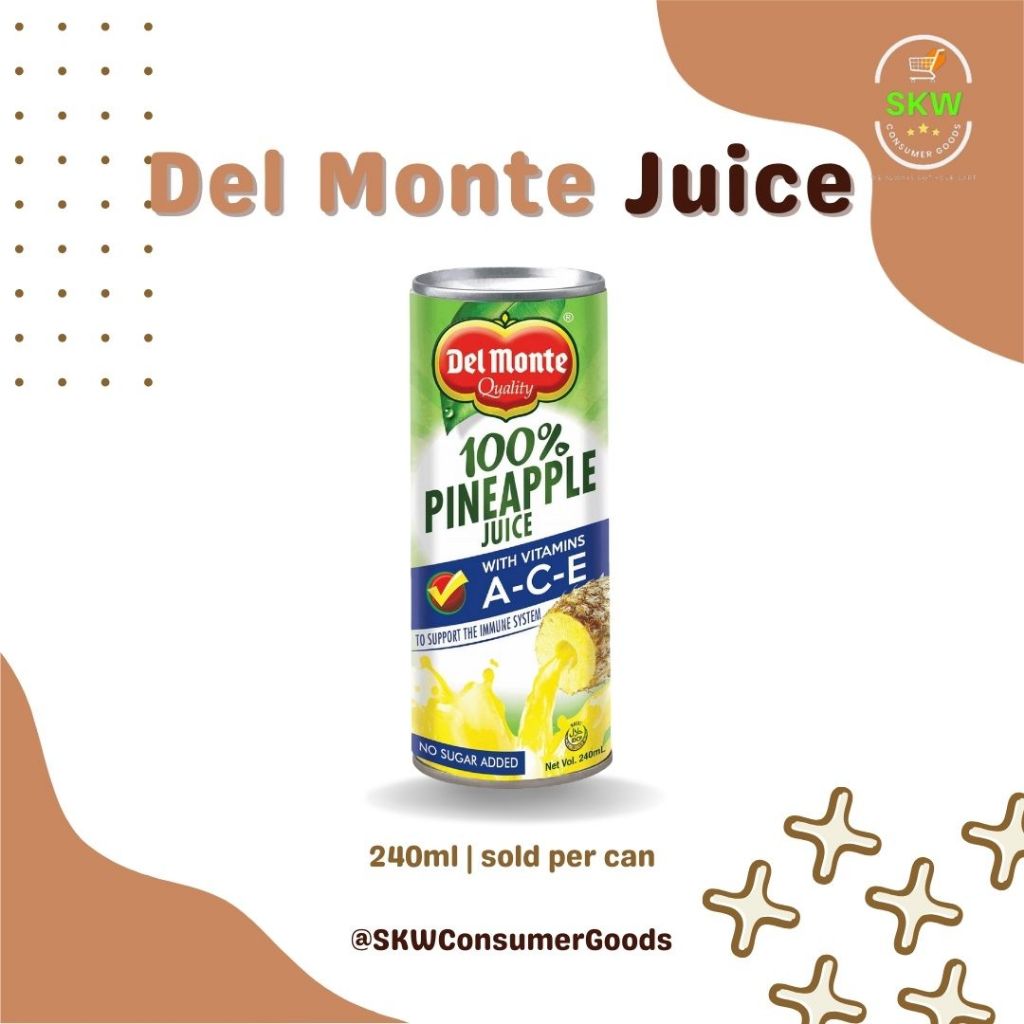 Del Monte 100% Pineapple Juice With Vitamins A-C-E Canned Juice 240mL ...