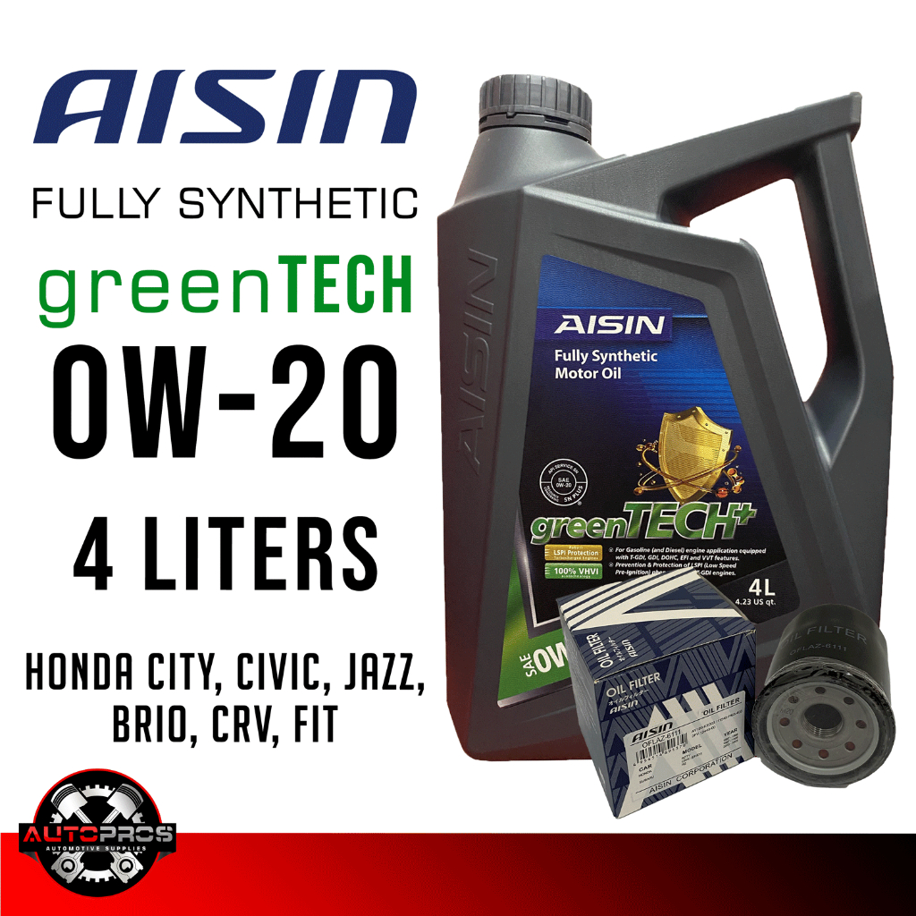 AISIN 0W-20 greenTECH+ Fully Synthetic Engine Oil 4 Liters Bundle for Honda City, Civic, Jazz ...