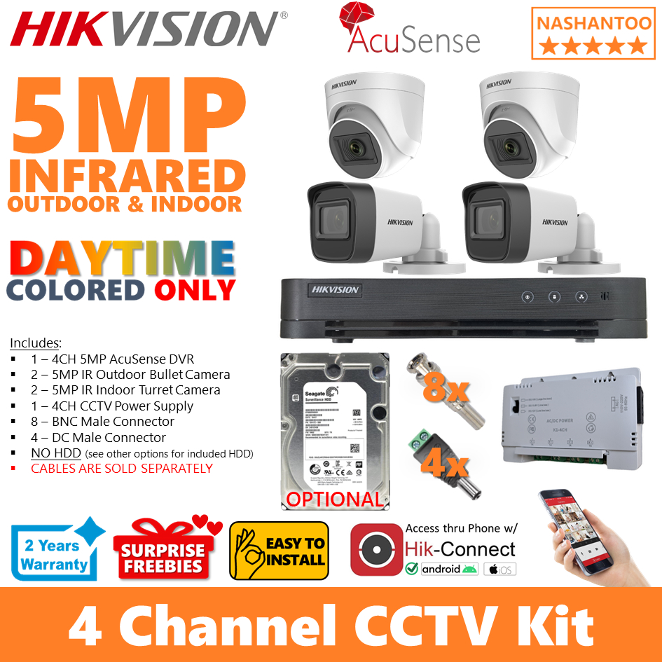 Hikvision 4Channel 5MP IR 4 Camera (2 Out, 2 In) 4CH DIY CCTV Package Kit 4/4IRV5 HKPS(2B2D ...