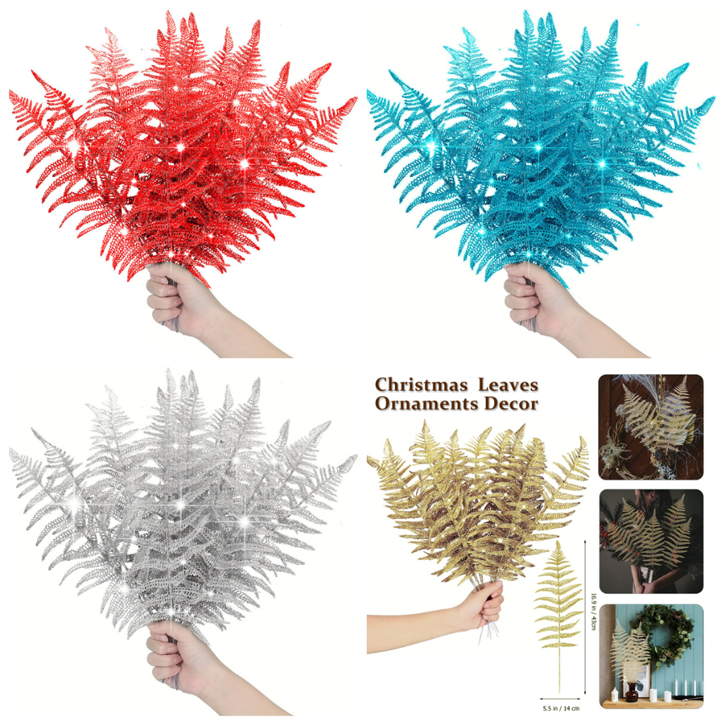 6/12Pcs Christmas Glitter Leaves Artificial Tropical Leaf Christmas Tree Sprays Glitter Leaf ...