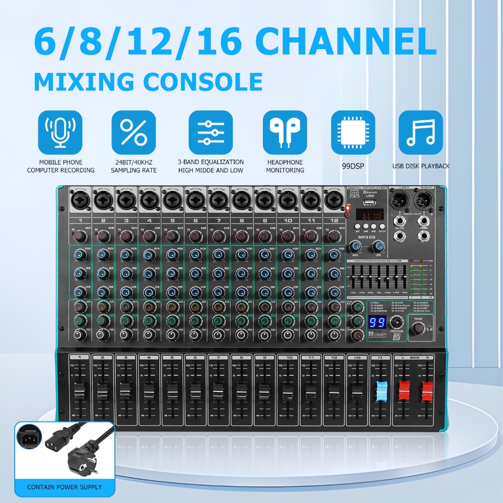 12 Channel audio mixer +48V phantom Bluetooth USB interface 3-band ...
