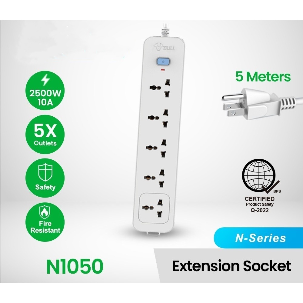 N1050 Extension Wire 5 Outlets| Safety Socket Fire Resistant ON\OFF ...