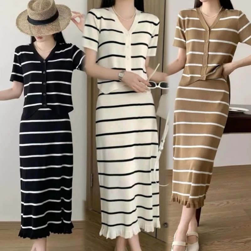 baao Fashion Casual Knitted Buttons Coords Top & Skirt terno | Shopee ...