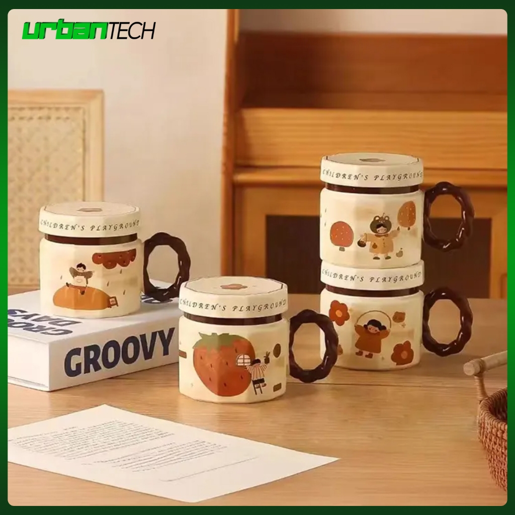 Retro Style Ceramic Mug with Lid Cute Harmony Coffee Cup Stackable Design - 4 DESIGN | Shopee ...