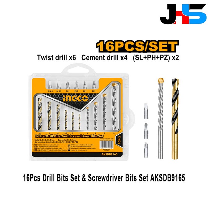 JHS ingco 16Pcs Drill Bits Set & Screwdriver Bits Set AKSDB9165 ...