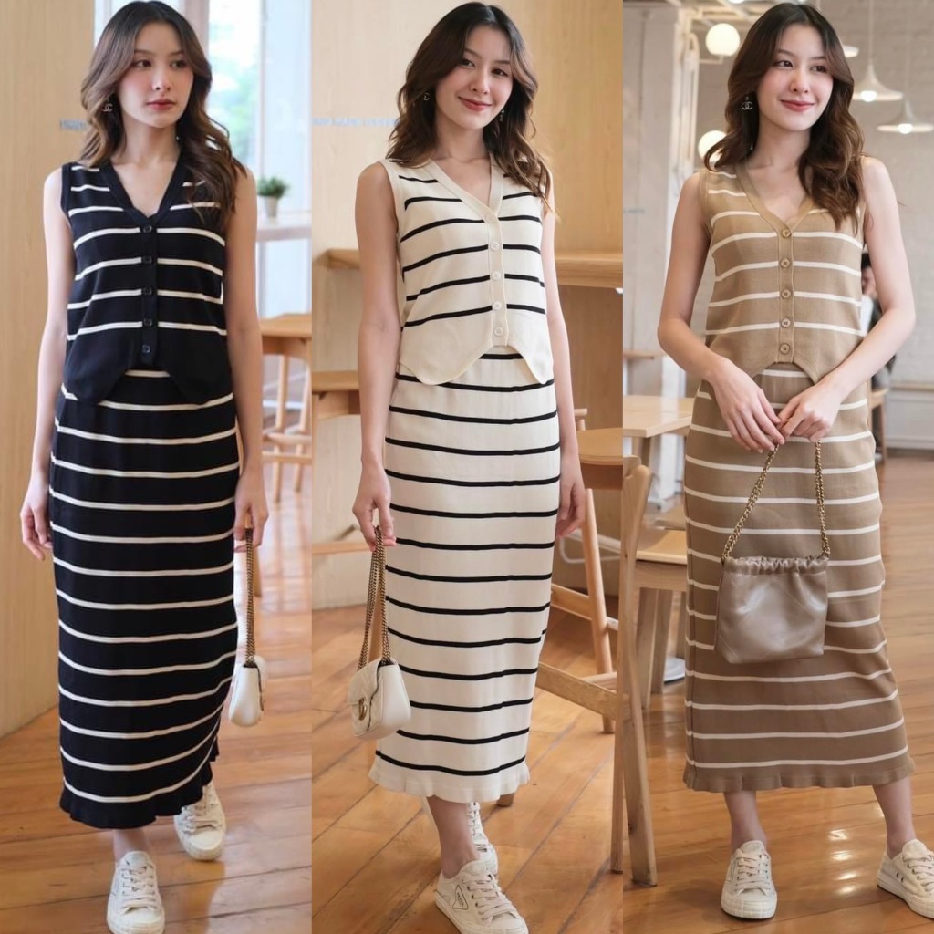 715 Miss M Fashion Knitted Stripe Button Down Vest Top & Skirt 2 in 1 ...