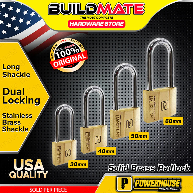 BUILDMATE Powerhouse Solid Brass Padlock LONG Shackle 30MM - 60MM Anti ...