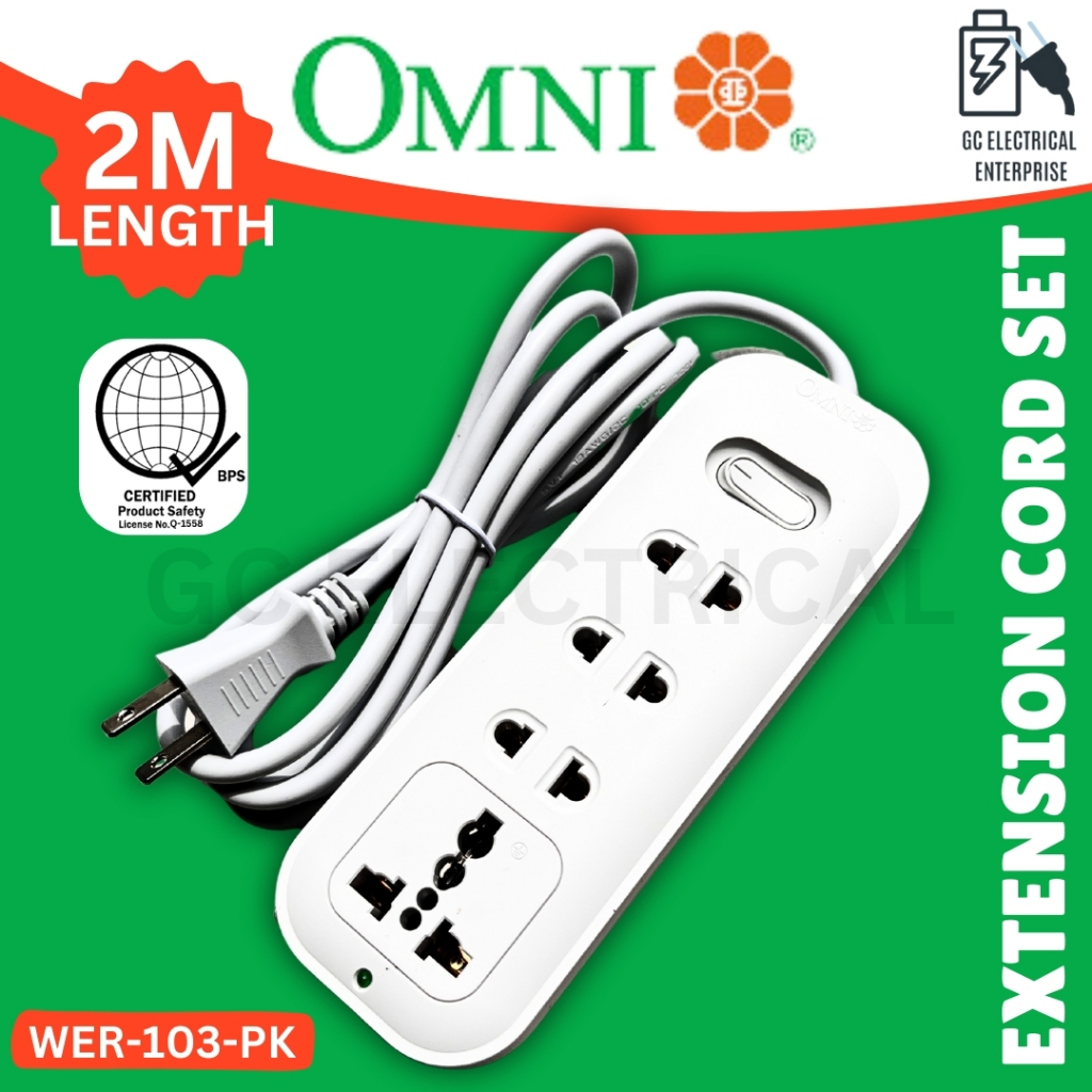 Omni Extension Cord Set With Universal Outlet And Switch 2 Meters - WER ...