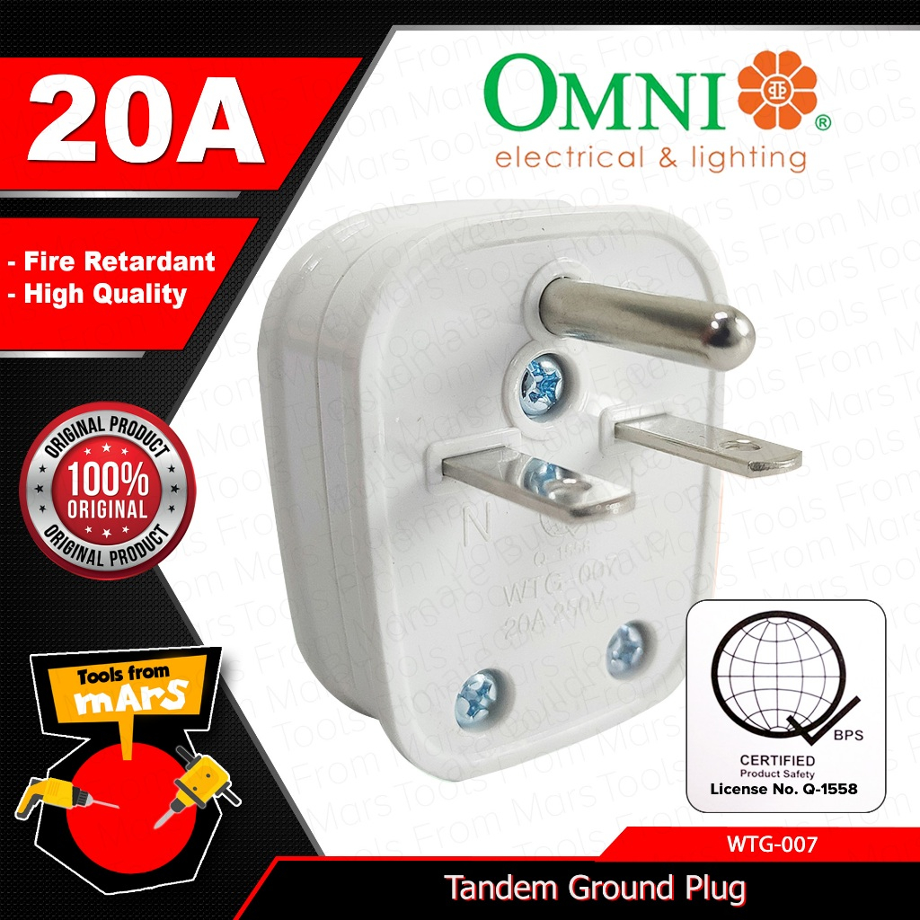 Omni Tandem Ground Plug 20A 250V 2 Parallel Prongs and Grounding Pin ...