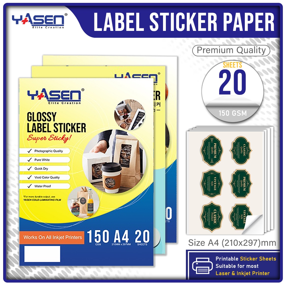 Yasen Sticker Paper A4 Label Sticker Matte, Glossy & Kraft (150GSM ...