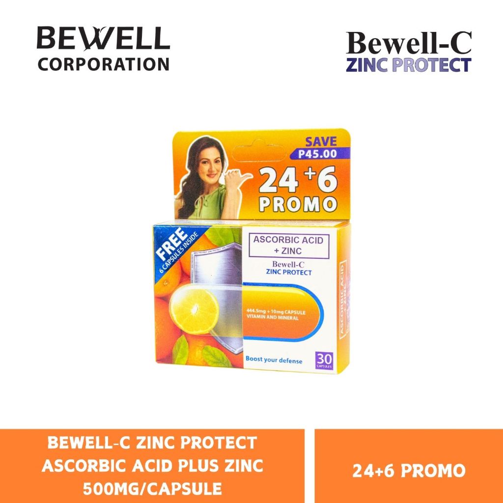 Bewell-C Zinc Protect Ascorbic Acid plus Zinc 500mg/capsule, 24+6 Promo ...