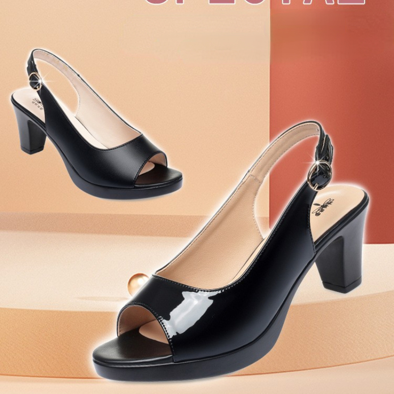 Size 35-40 Women's Open Toe Peep Toe High Heels Soft Leather Thick Heel ...