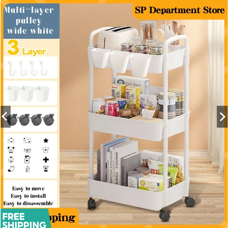 3 Tier Plastic Trolley Trolley Organizer with Handle Wheels and 3 ...