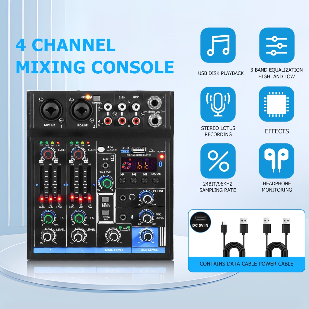 Audio Mixer Effect +EQ With 3 Band 4 Channel Mixer Audio | Shopee ...