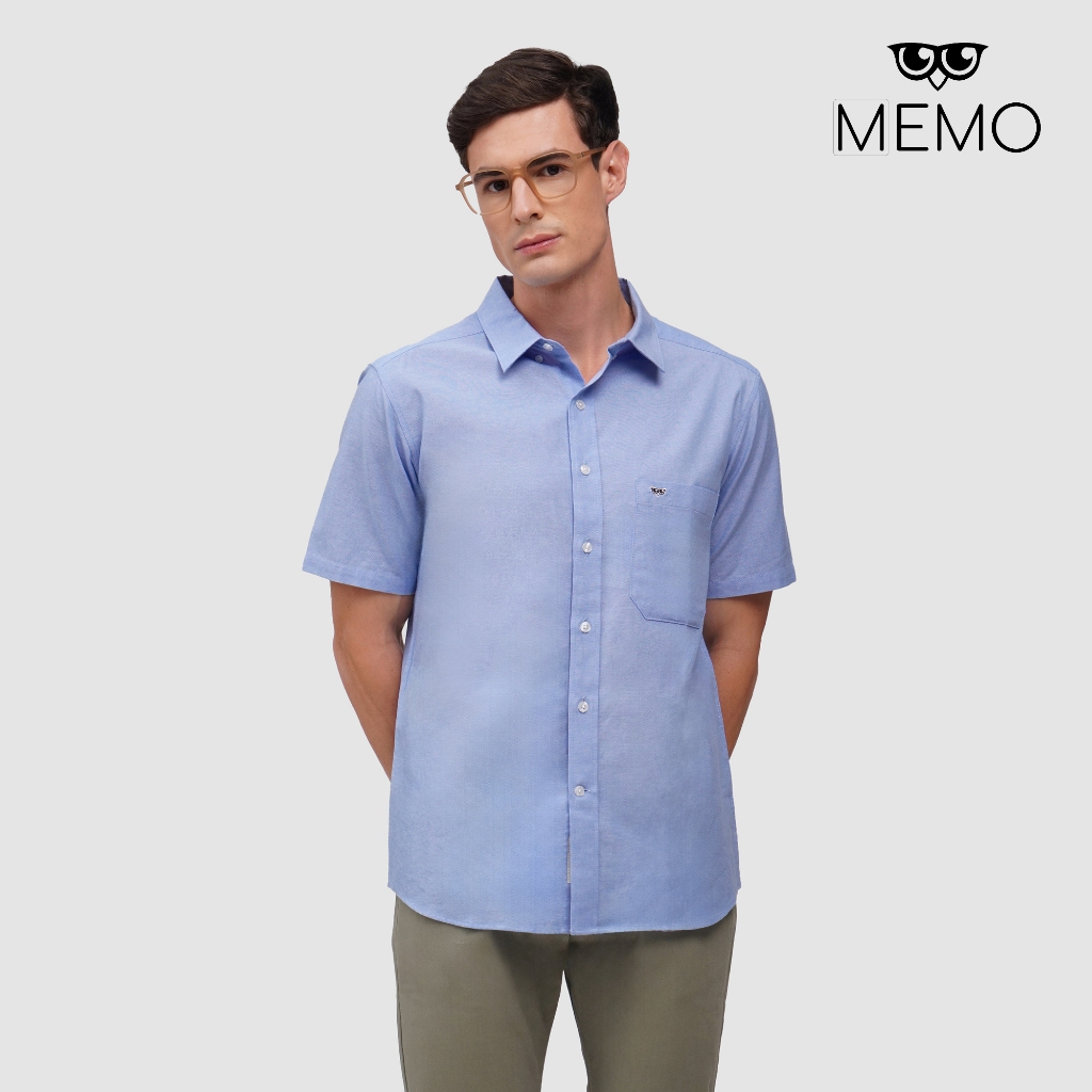 Memo Short Sleeve Oxford Shirt For Men (Light Blue) | Shopee Philippines