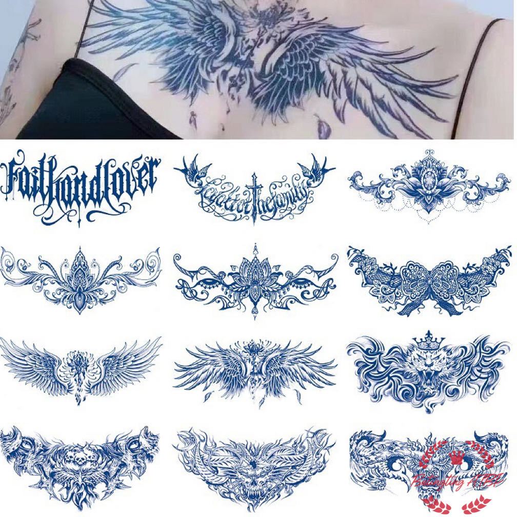 Magic Chest Tattoos Deep Blue Wing Totem Flower Pattern Waist Body ...