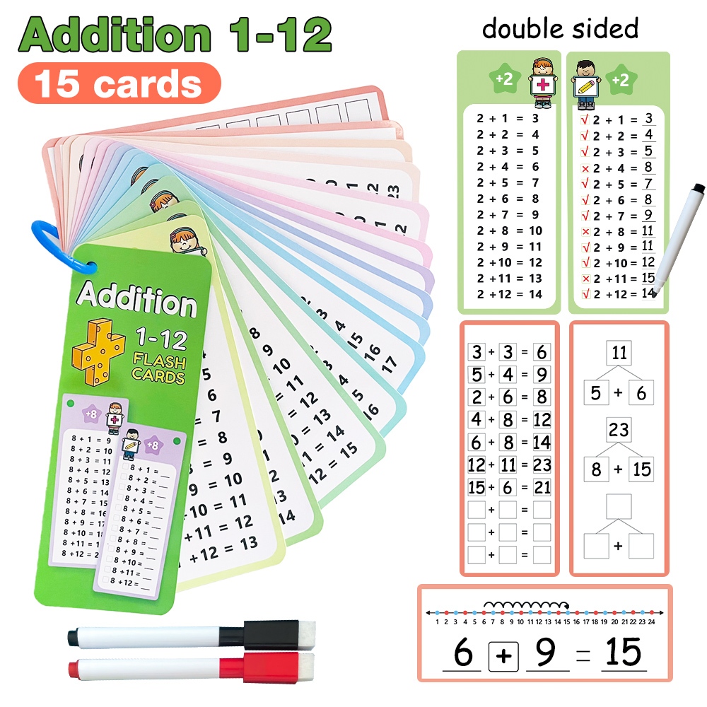 15 Pcs Math Flashcards 1-12 Addition Dry Erase Cards Math Educational ...
