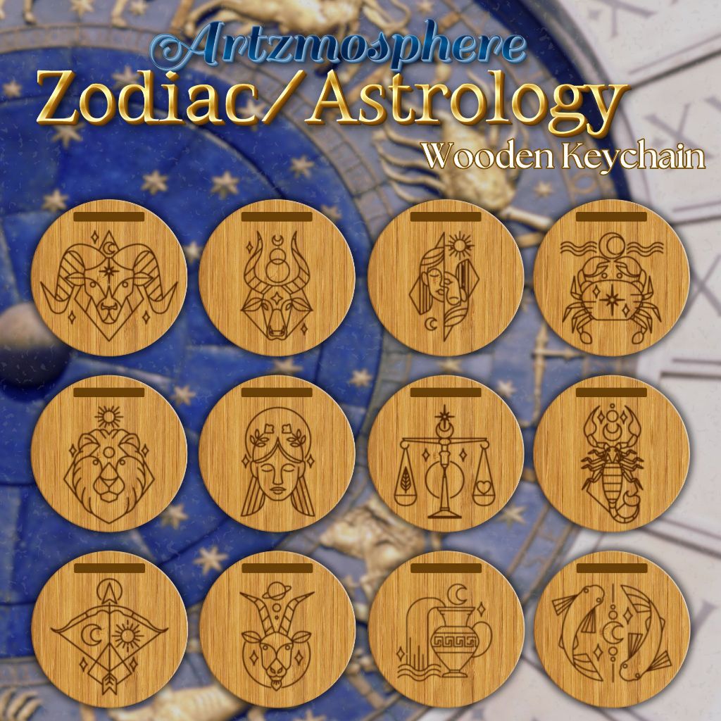 Circular Zodiac/Astrology Laser Engraved Wooden Keychain-Name ...
