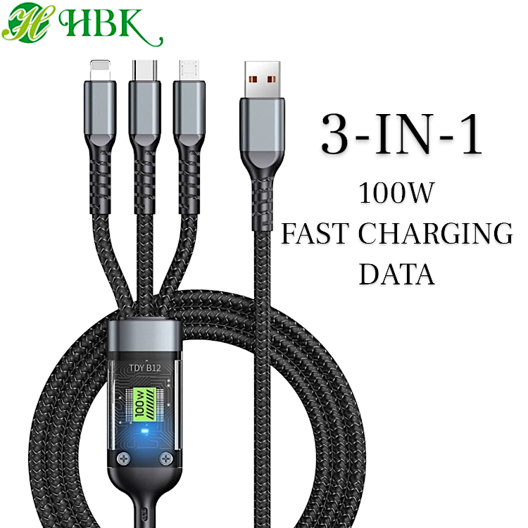 100W 3 in 1 Super Charging Cable 6A Micro USB Type C Fast Charger Type ...