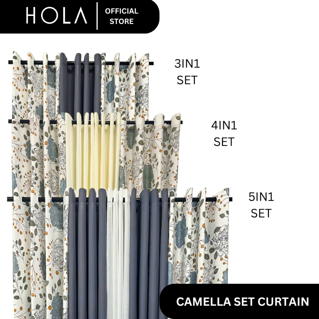 HOLA Non Blackout Printed Ring Curtains | 3in1 4in1 5in1 SET | Gray Design | Shopee Philippines