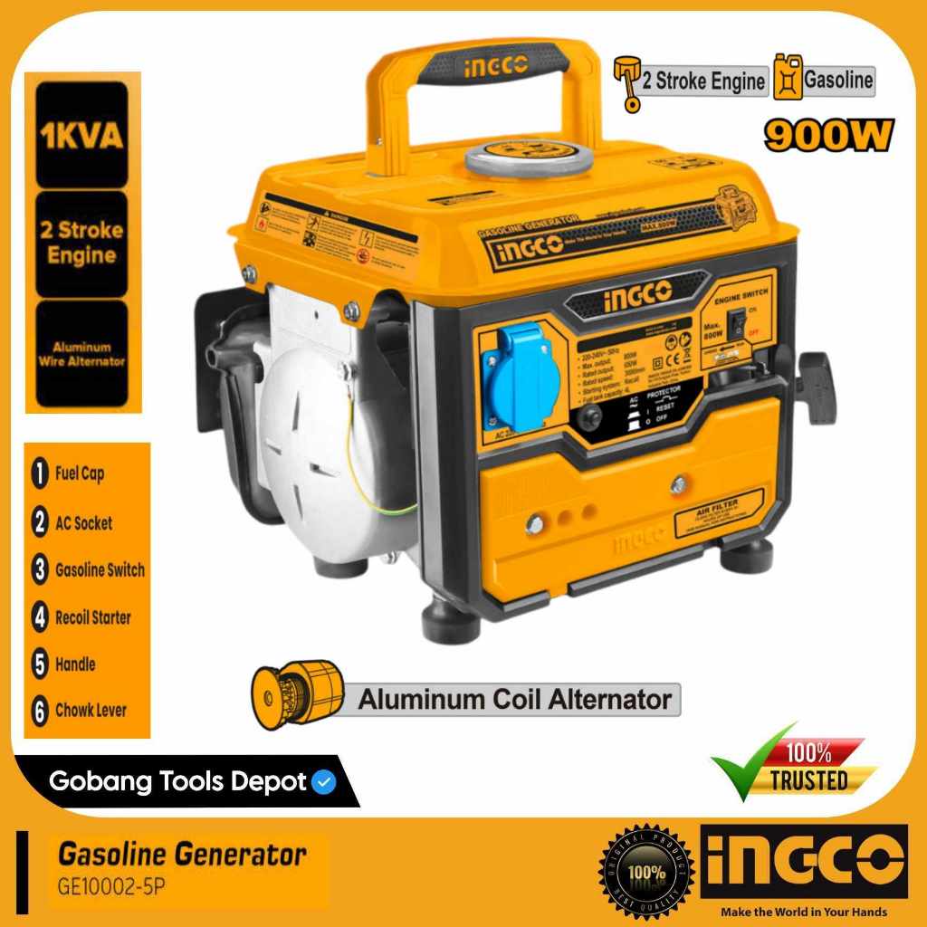 INGCO 900W 1KVA Portable Gasoline Generator 2 Stroke Engine GE10002-5P ...