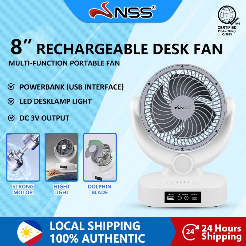 NSS 8 Inch Desk Portable Fan With LED Light Angle Adjustable USB ...