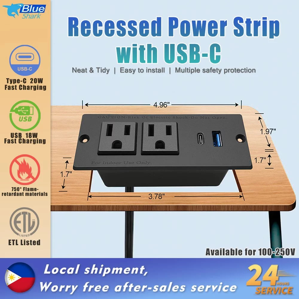 Embedded Socket Desk Extension Cord With USB Type C 2 Outlets 2 Meters ...