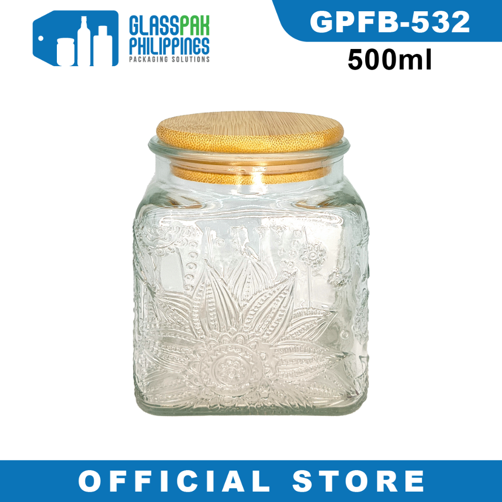Glasspak 500ml 1000ml Square Sunflower Design Glass Canister Jar Bamboo ...