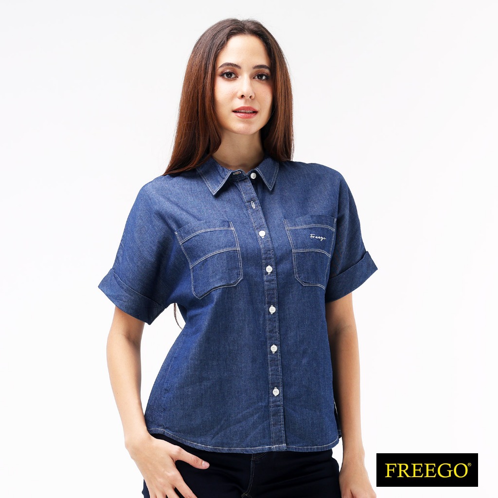 Freego Ladies Chambray Short Sleeve Blouse APT04-0048 | Shopee Philippines