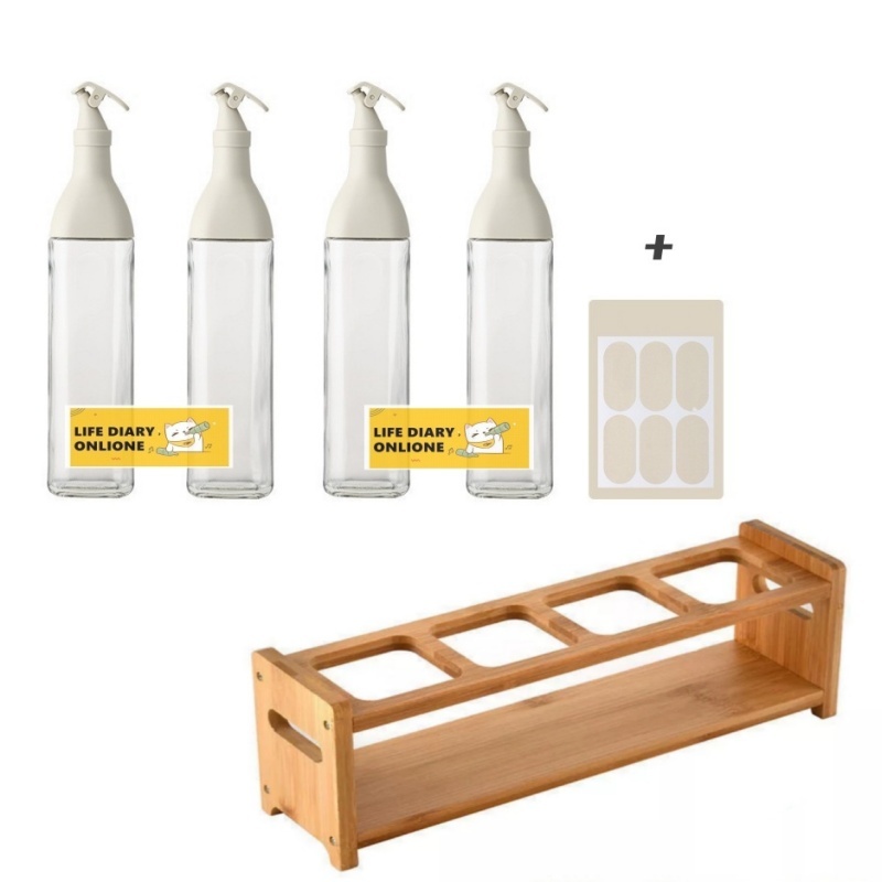 ( 4 PCS + Wooden Rack ) 480ML Square Glass Oil Bottle Sauce Vinegar ...