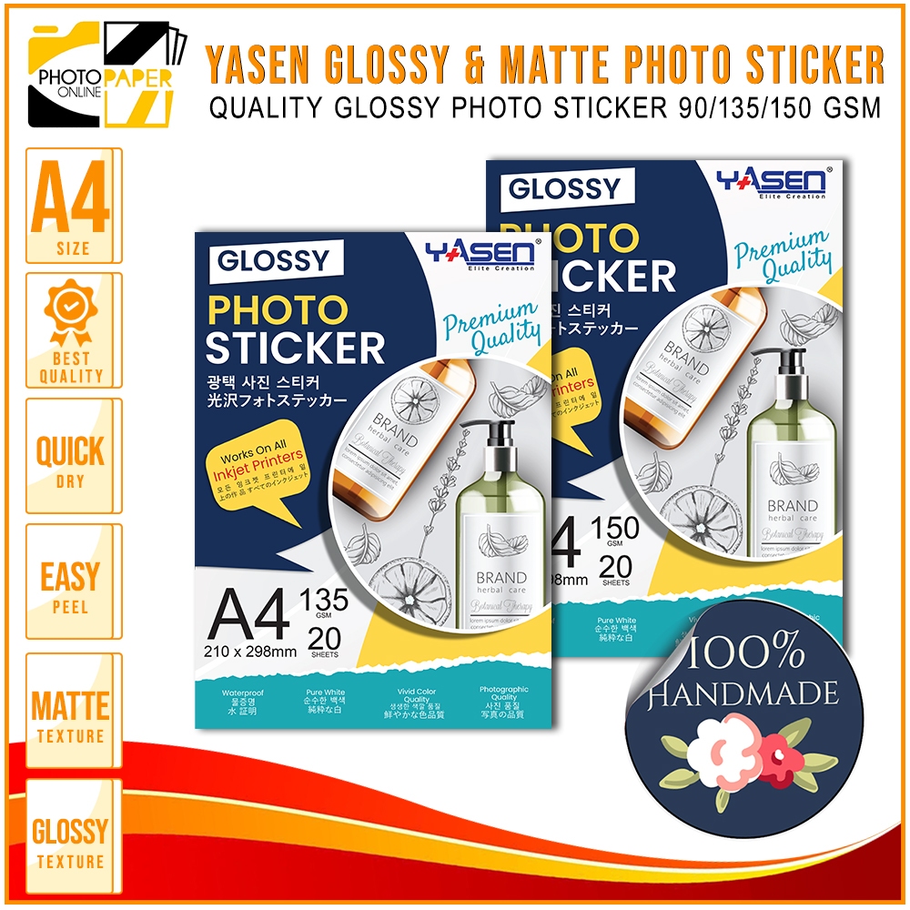 Yasen A4 Glossy Photo Sticker 90GSM | 135 GSM | 150GSM Label Sticker ...