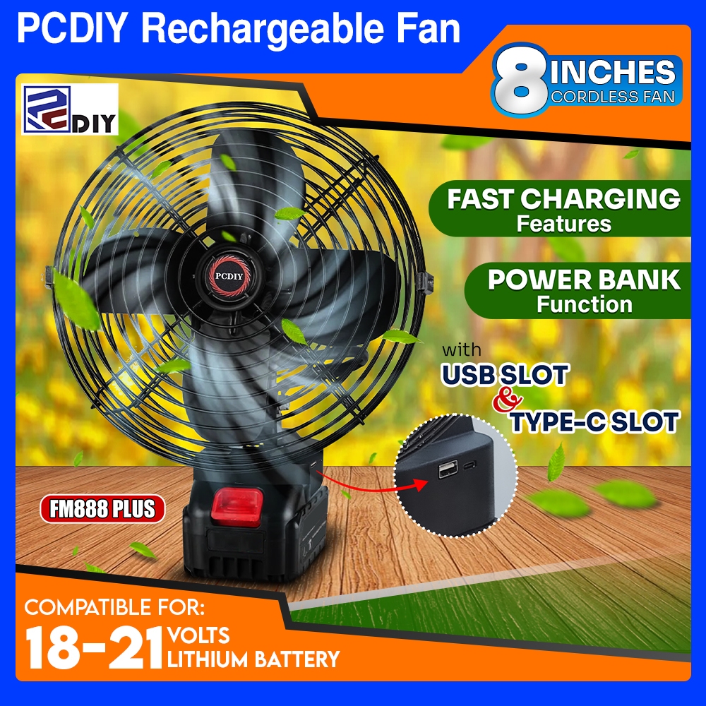 FM888 PLUS 8 inches Lithium Rechargeable Fan Powerbank WITH USB & Type ...