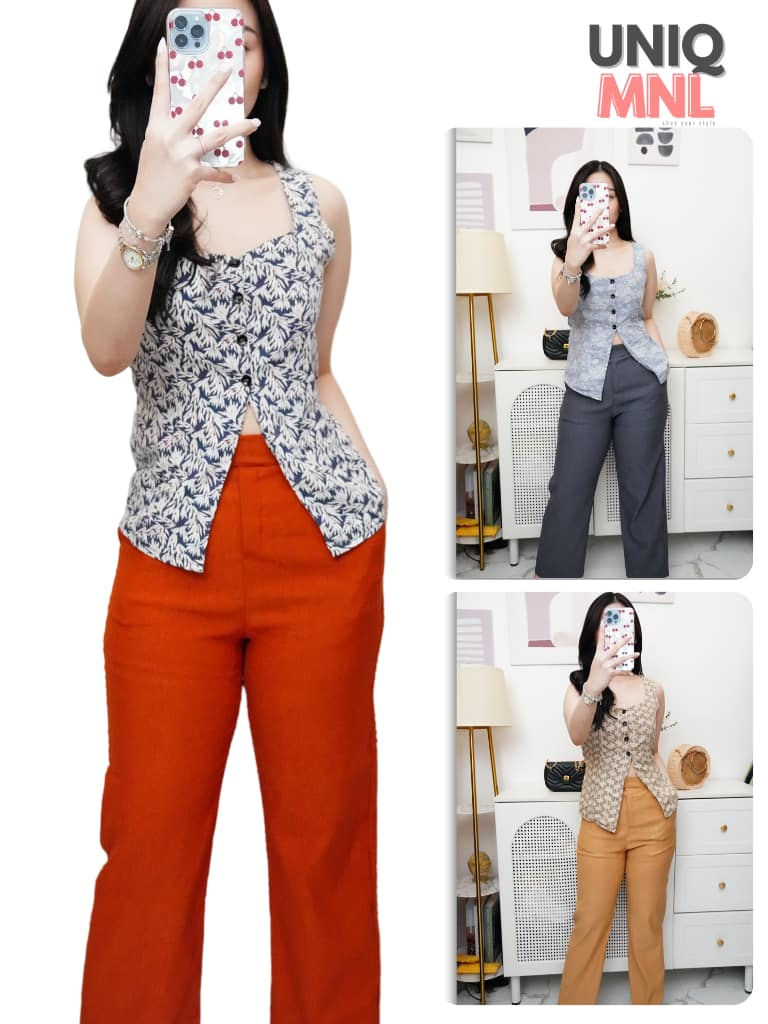 UNIQ.MNL Callie Printed Top with Wooven Plain Pants Terno Set| FREESIZE | Shopee Philippines