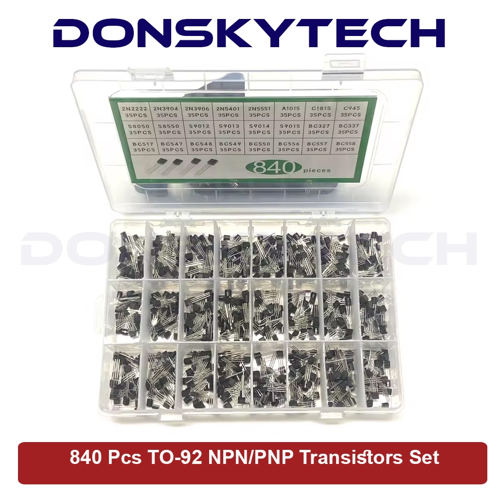 840 Pieces PNP/NPN Transistors TO-92 2N2222 2N3904 2N3906 2N5401 BC327 BC337 BC517 BC547 BC548 ...