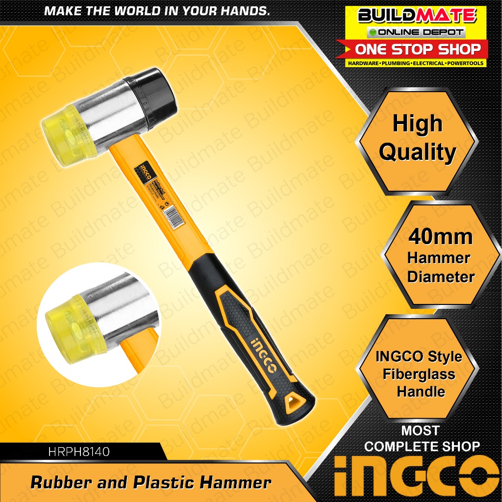 BUILDMATE Ingco 40MM Double Head Rubber & Plastic Hammer Double-Faced Fiberglass Handle HRPH8140 ...