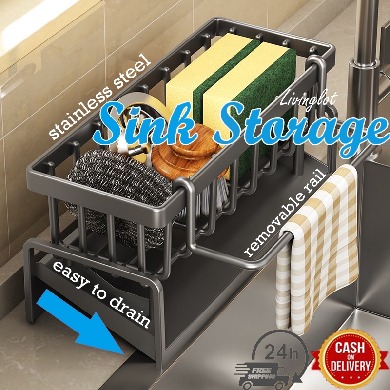 Metal Sponge Drainer Rack with Rag Rail Stainless Steel Kitchen Sink ...