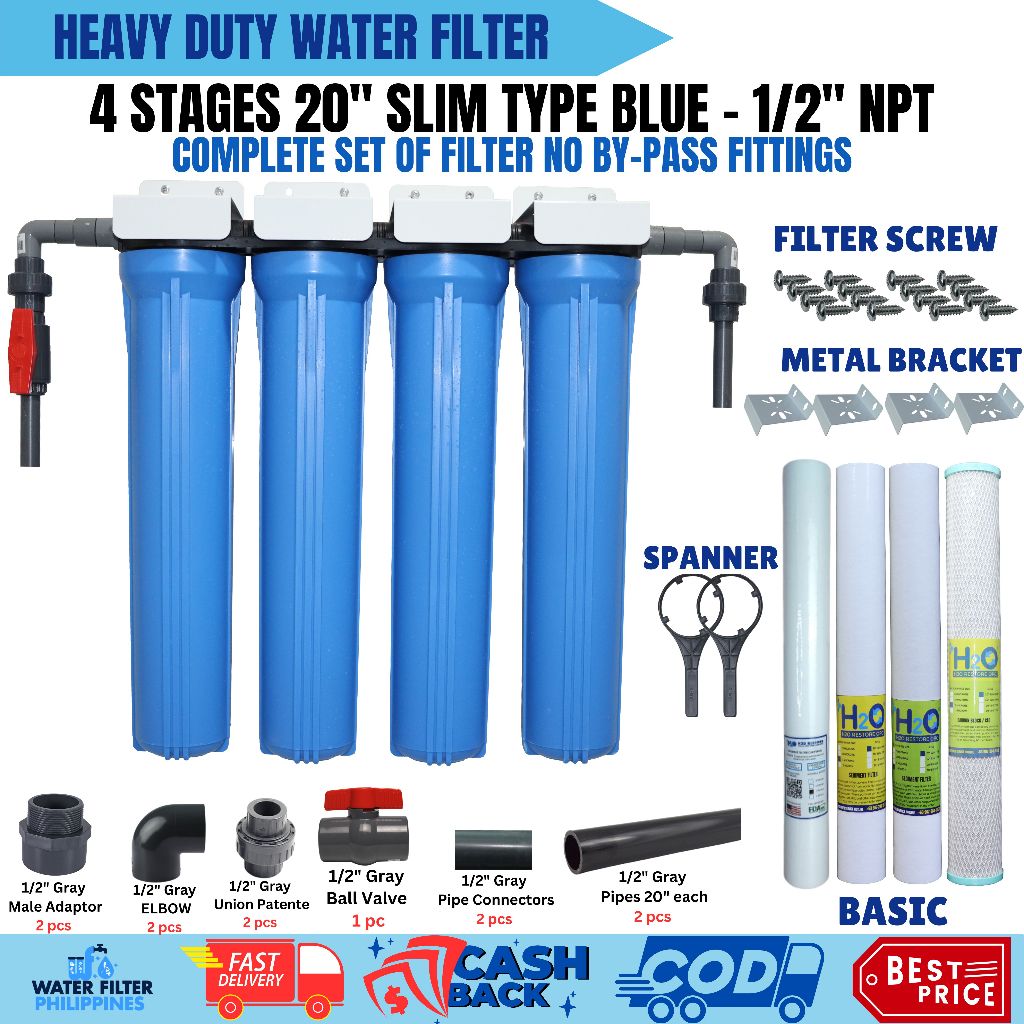 Water Filter 4 Stages 20" Slim Type Basic Set up 1/2" NPT with ...