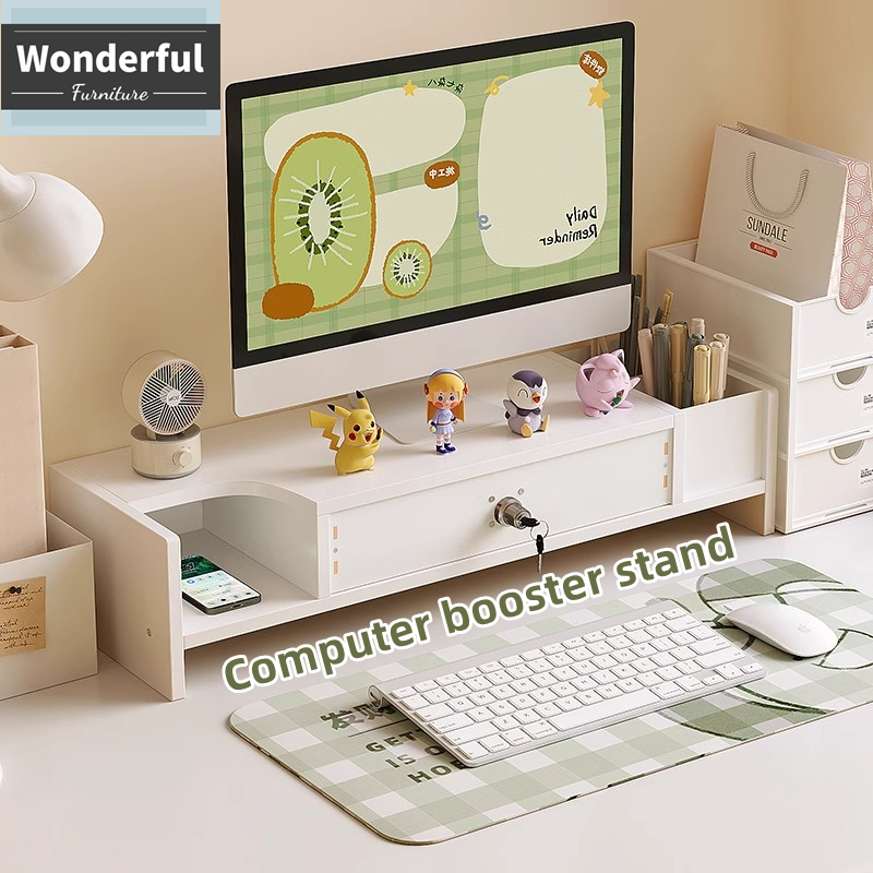 monitor riser wood laptop stand computer locking drawer with pencil ...