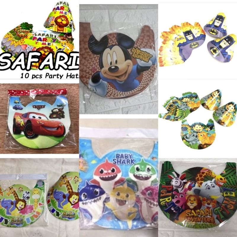 10pcs Character Party Hats Safari Adventure Animals Jungle Cars McQueen ...