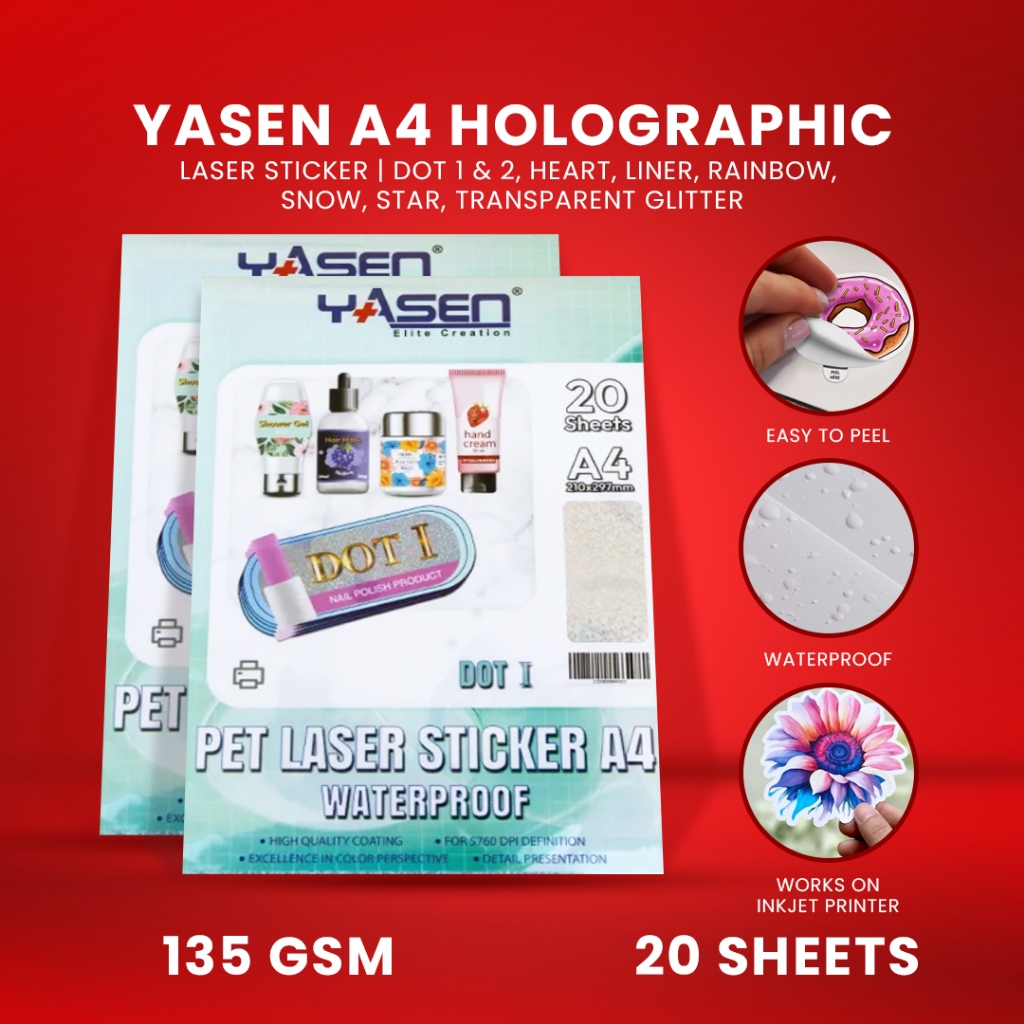 Yasen A4 PET Laser Sticker Holographic Glossy & Transparent Printable ...