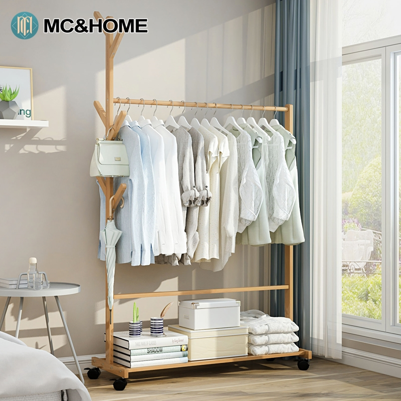 MC&HOME 100CM Clothes Rack Bamboo Suspension Shelves 4 Wheels Movable ...