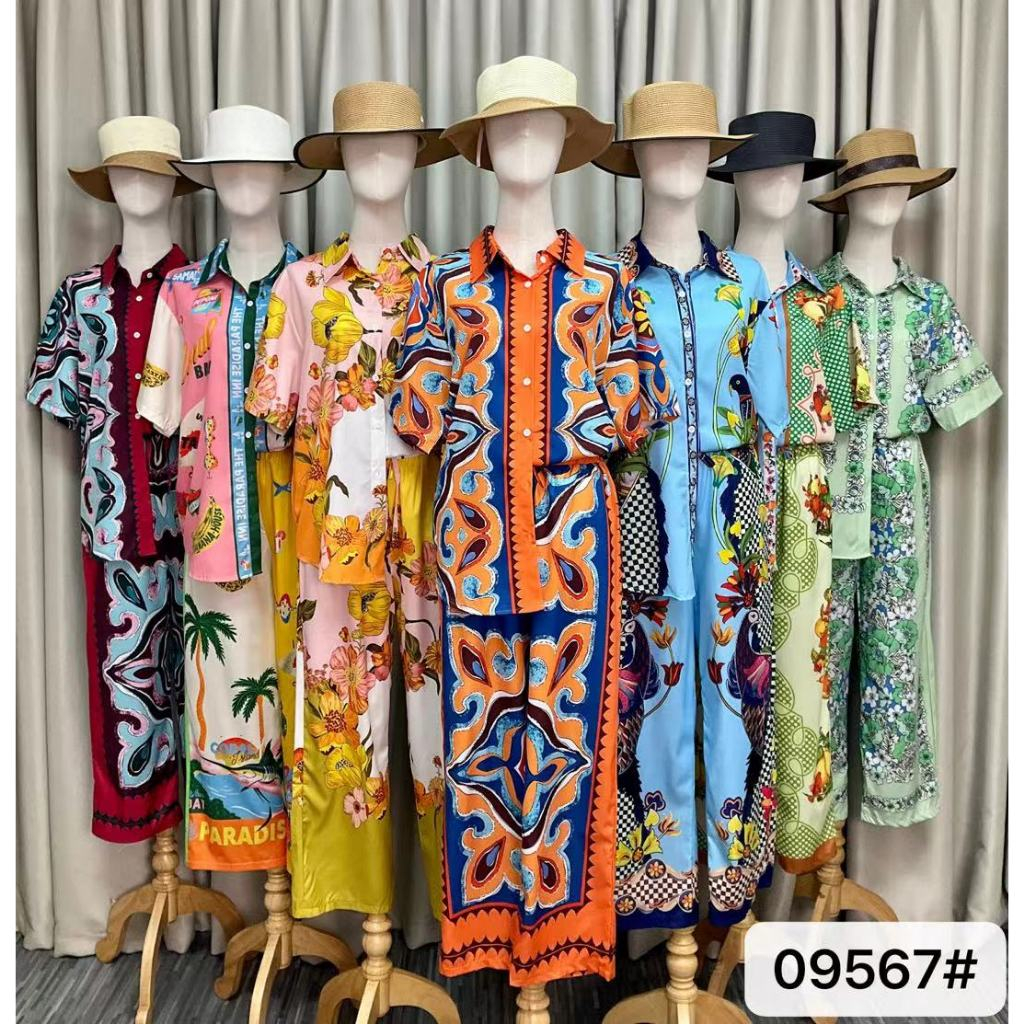 AS ELEGANT NEW Italian silk Hawaiian Design Printed Terno Pants Polo ...
