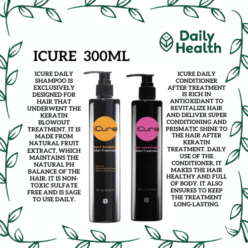 iCure Daily Shampoo & Conditioner 300ml Keratin Treatment Sulfate Free ...