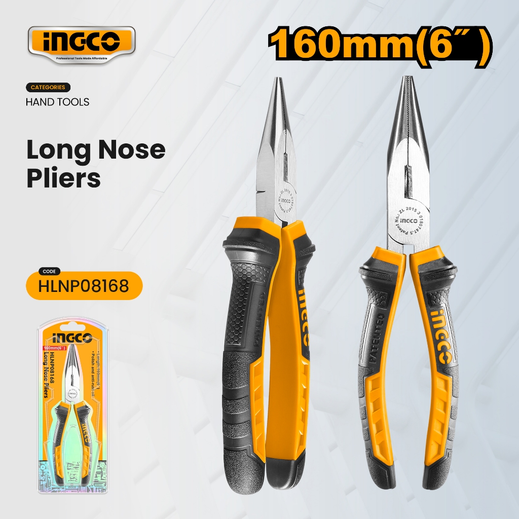 Ingco 6" Long Nose Pliers With Comfortable Grip CR-V Material HLNP08168 ...