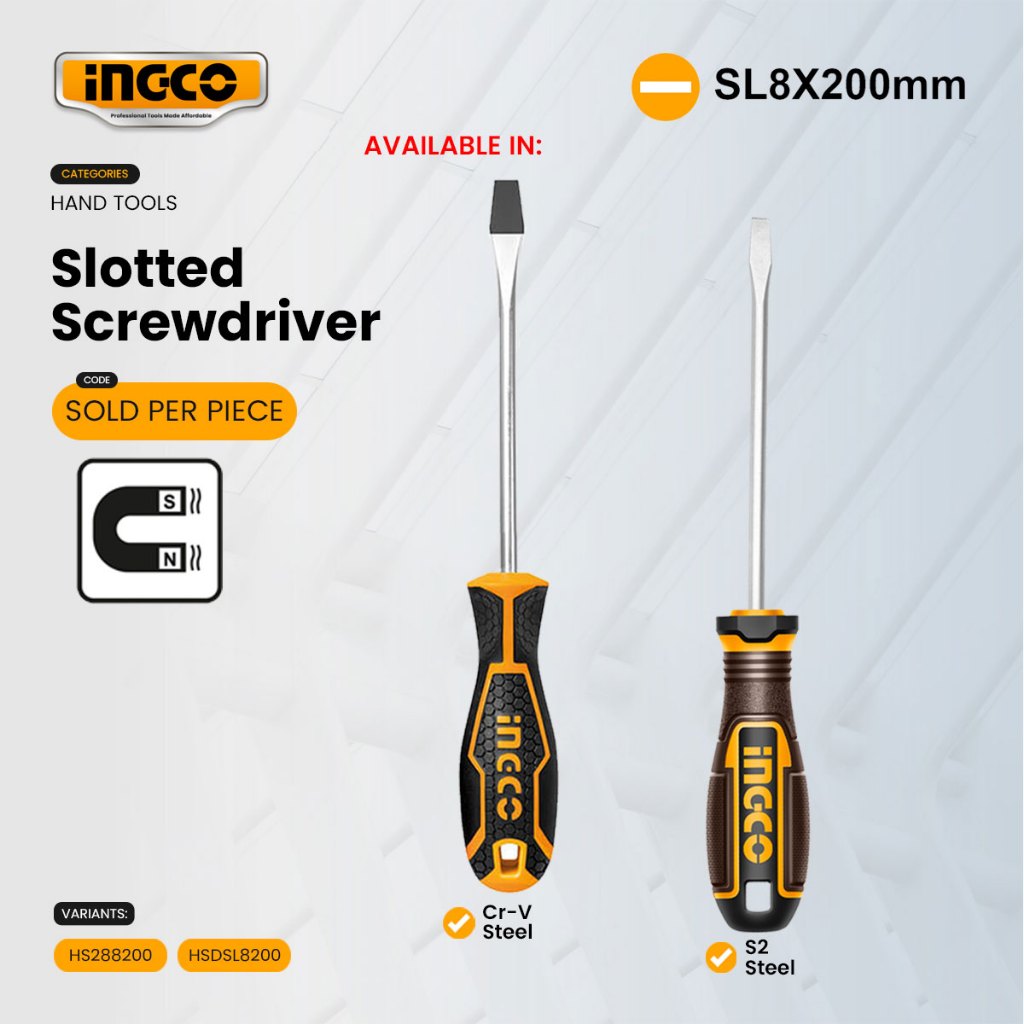 Ingco SL8x200mm Cr-V / S2 Steel Magnetic Slotted Flat Screwdriver ...