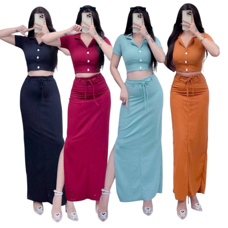 MyFashionShop | WENDY Plain Short Sleeve Top and Maxi Skirt Terno Set ...