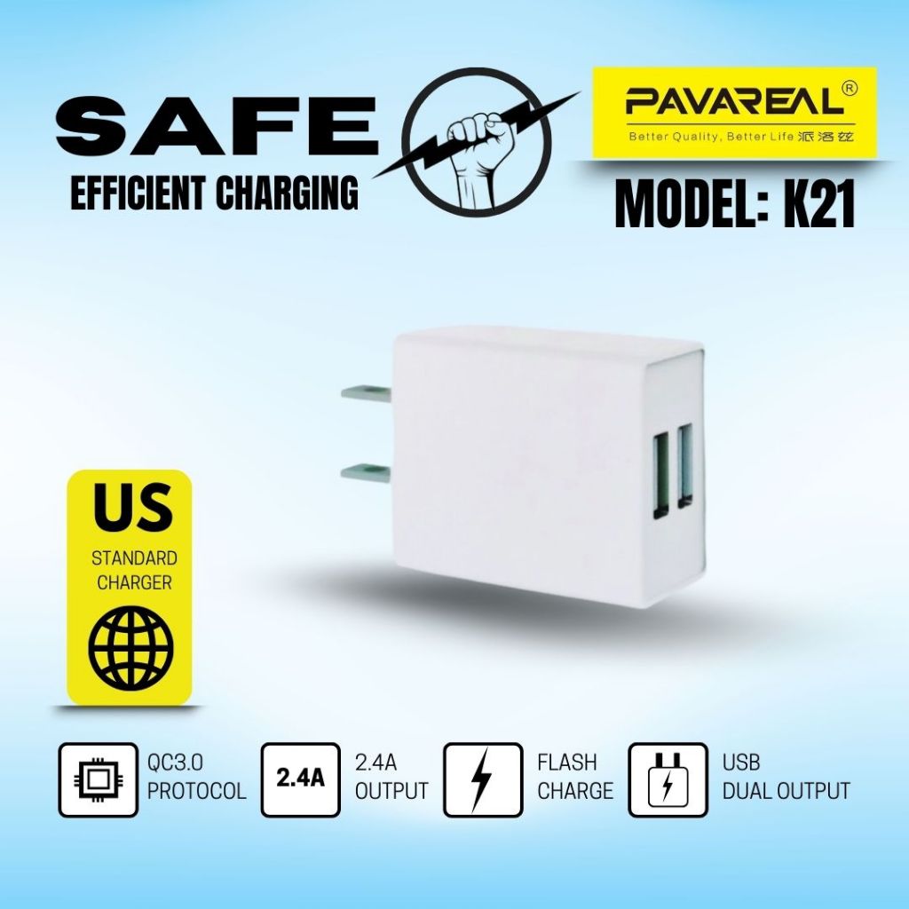 PAVAREAL K21 2.4A Dual Port Smart Charger | Shopee Philippines